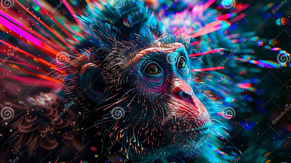 Monkey with Multicolored Neon Lights. 3D Rendering Stock Illustration ...