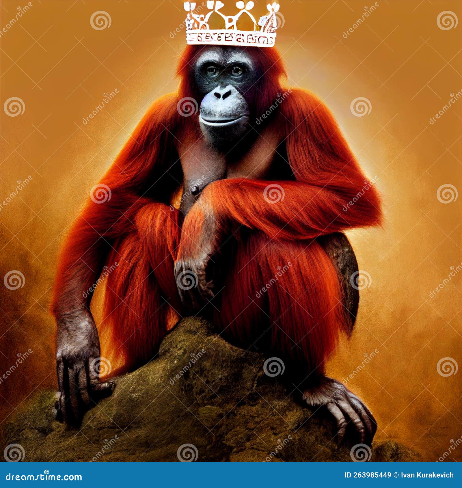 Monkey Orangutan in a Crown. King of the Jungle. Stock Illustration ...
