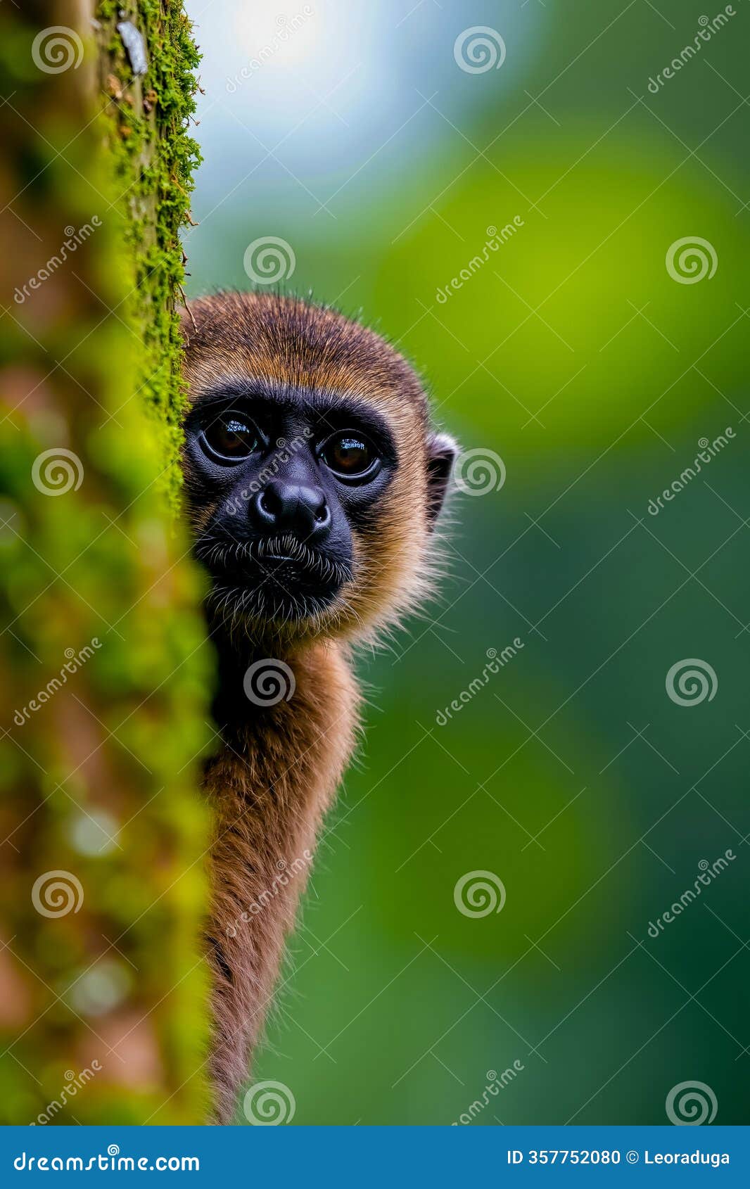 A Monkey Peeking Out from Behind a Tree in the Jungle Stock Photo ...
