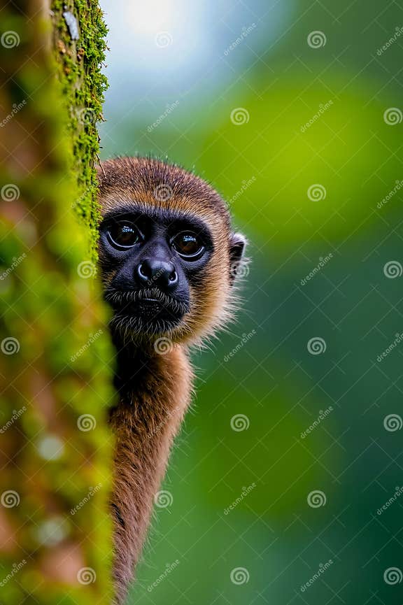 A Monkey Peeking Out from Behind a Tree in the Jungle Stock Photo ...