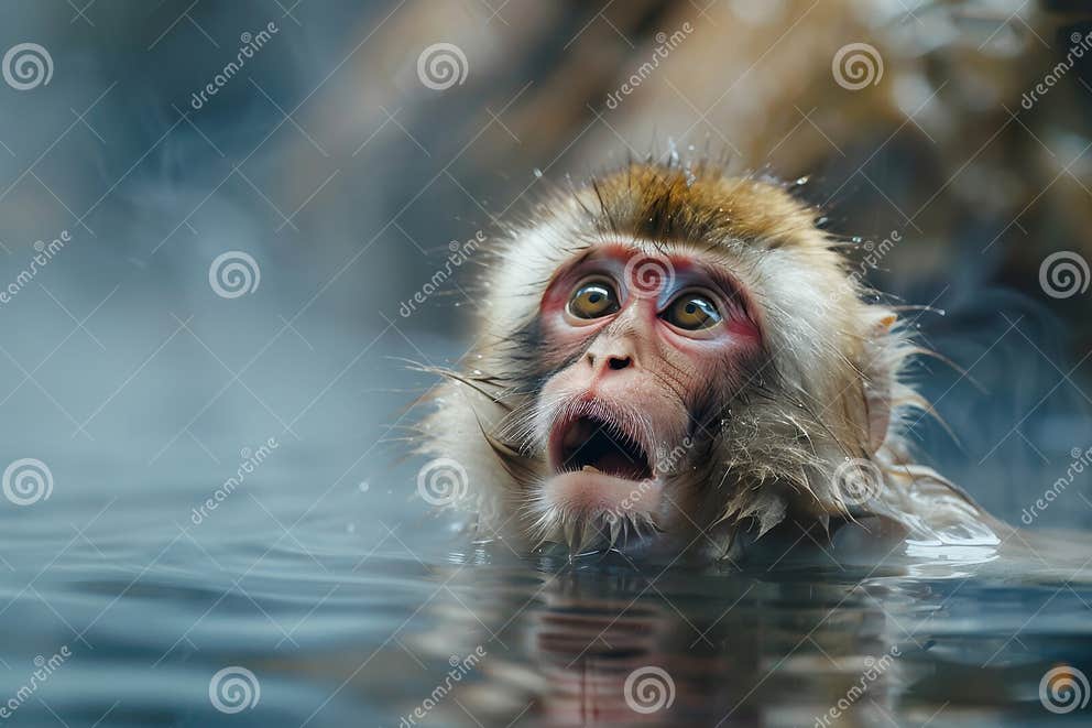 A Monkey Playing in a Hot Spring of Water. Monkey Bathing in Hot Water ...