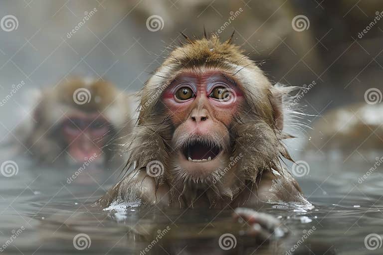 A Monkey Playing in a Hot Spring of Water. Monkey Bathing in Hot Water ...
