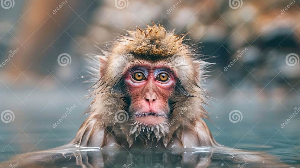 A Monkey Playing in a Hot Spring of Water. Monkey Bathing in Hot Water ...