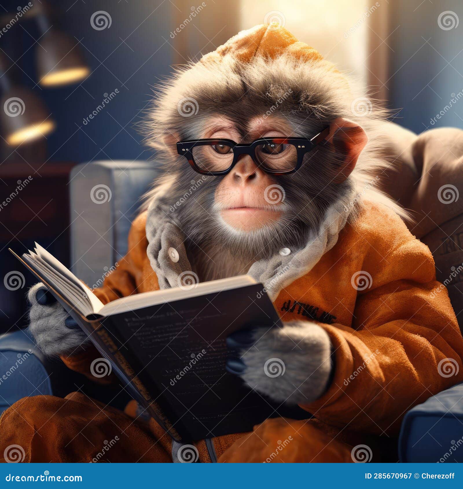 Monkey reading a book stock illustration. Illustration of design ...