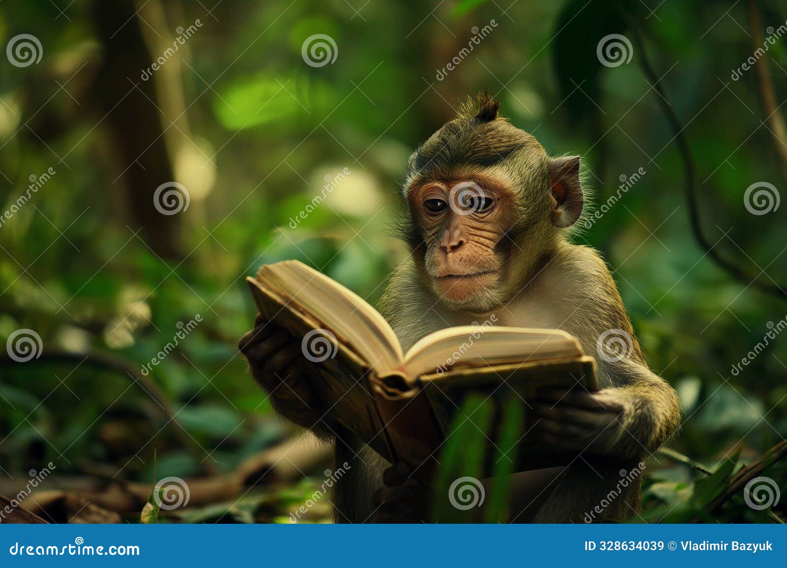 A Monkey is Reading a Book in the Forest, a Monkey Reads a Book in the ...