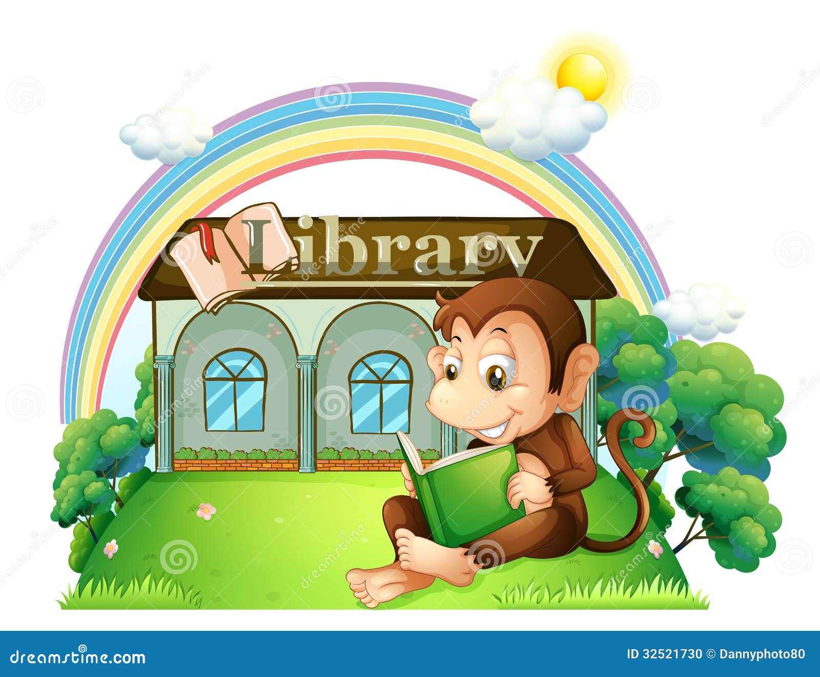 A Monkey Reading a Book Outside the Library Stock Vector - Illustration ...