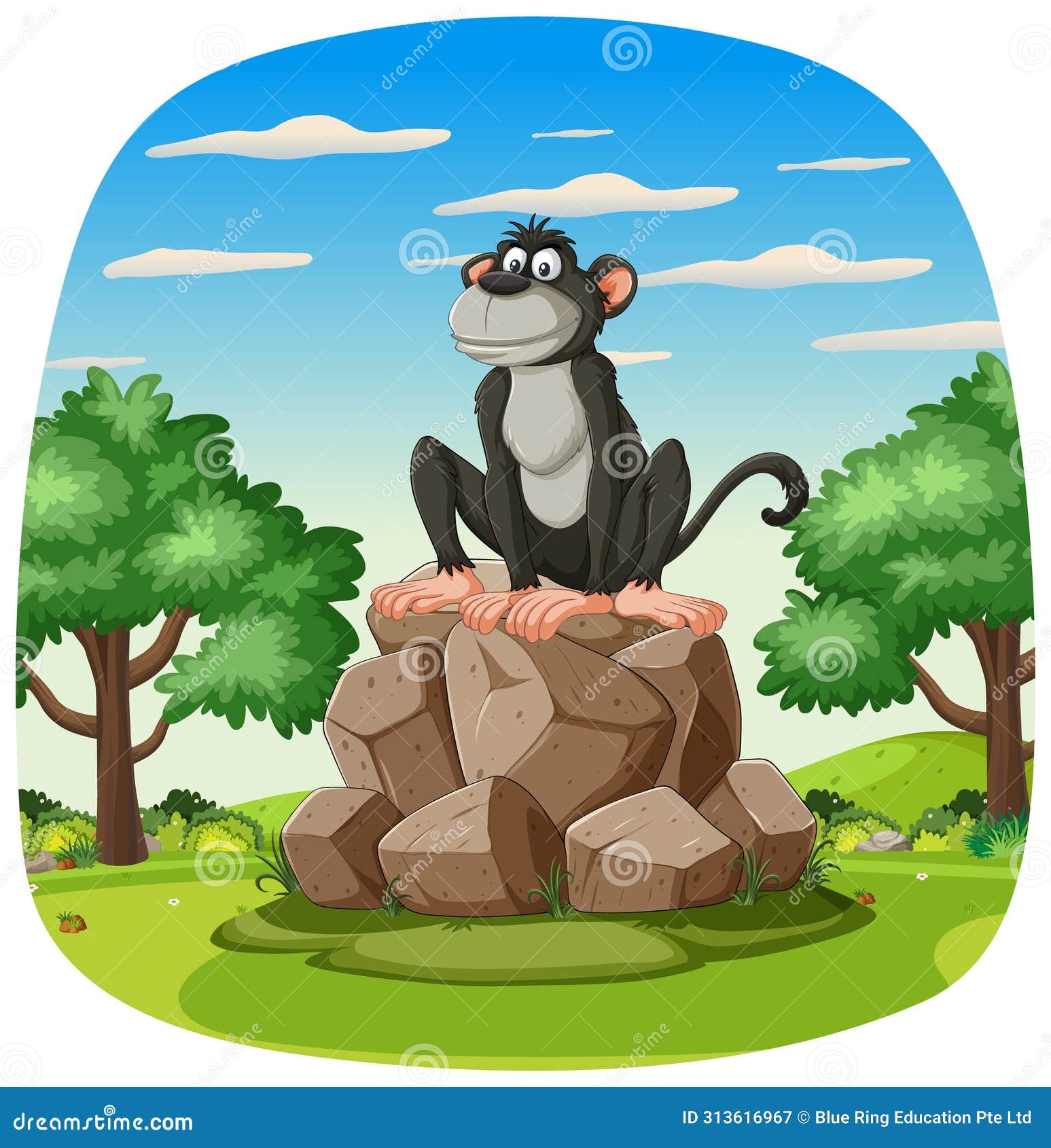 A Monkey on Rocks in a Green Landscape Stock Vector - Illustration of ...