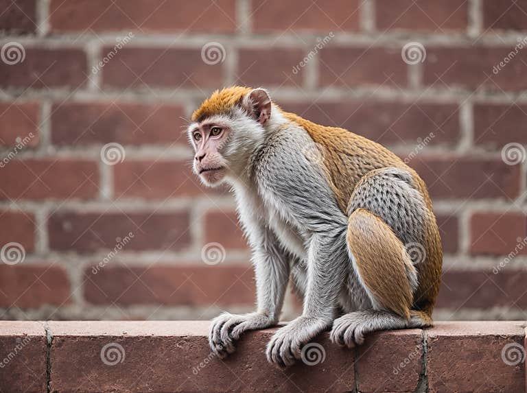 A Monkey is Sitting on a Brick Wall Stock Image - Image of bush, tree ...