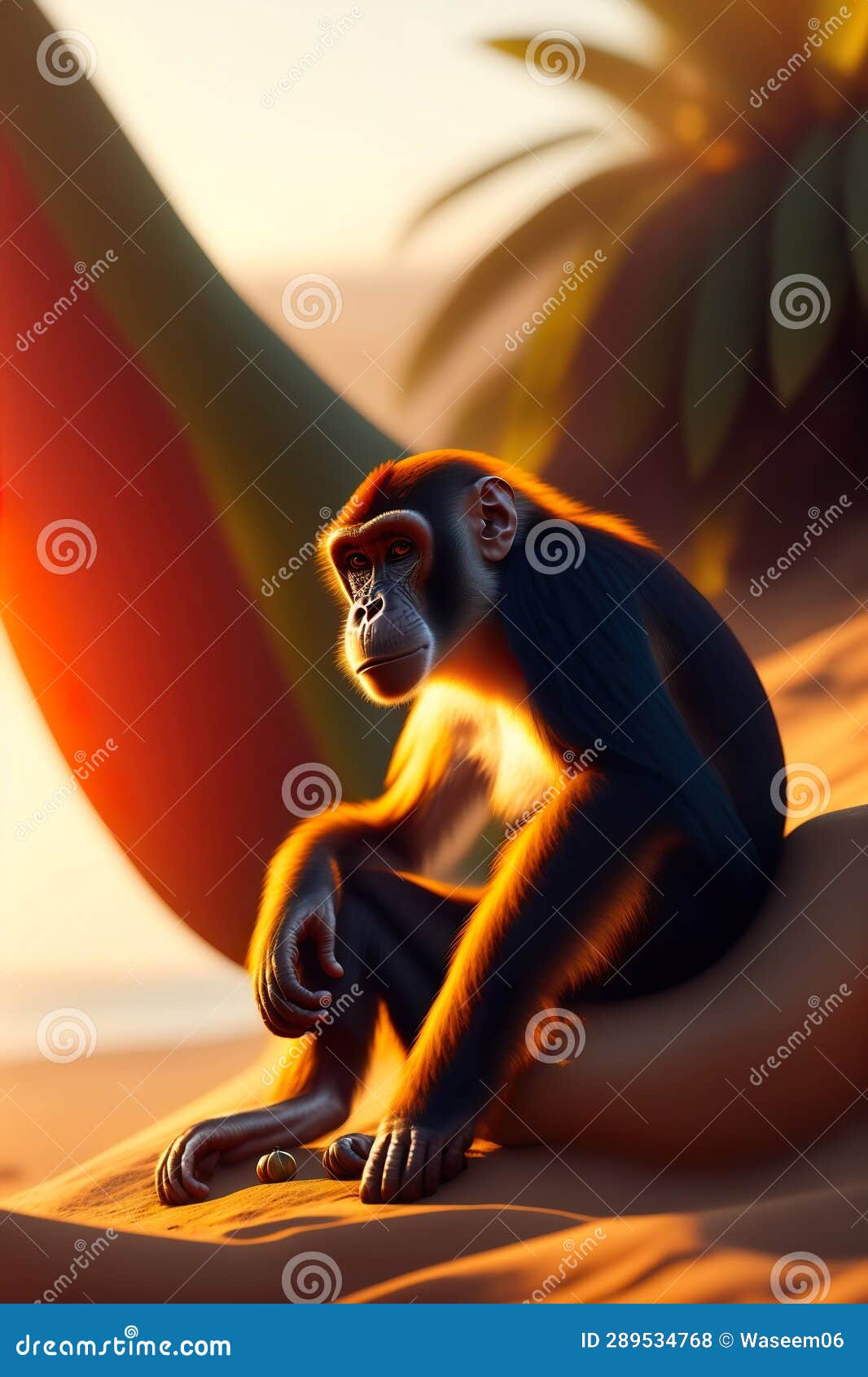 Monkey Sitting on the Sand in the Sun at Sunset. Animal Concept Stock ...