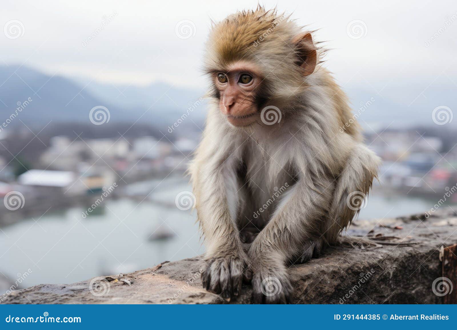 A Monkey Sitting on Top of a Ledge Overlooking a River Stock ...