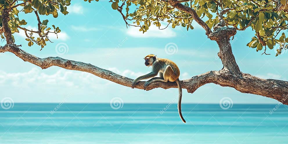 Monkey Sitting on a Tree Branch Overlooking the Ocean Stock ...