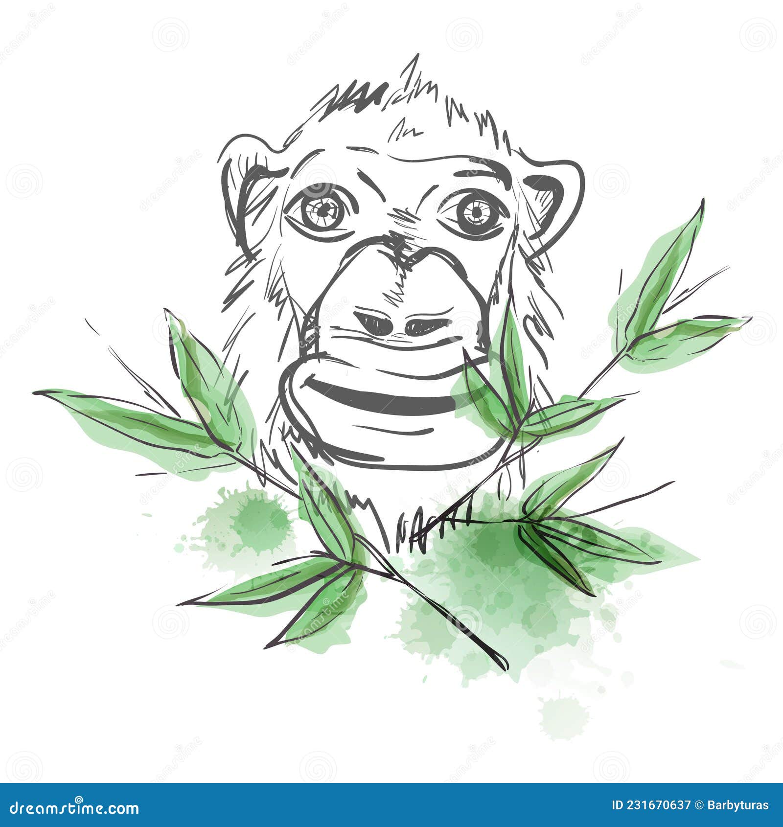 Monkey Sketch. Monkey in Bamboo Leaves Stock Vector - Illustration of ...
