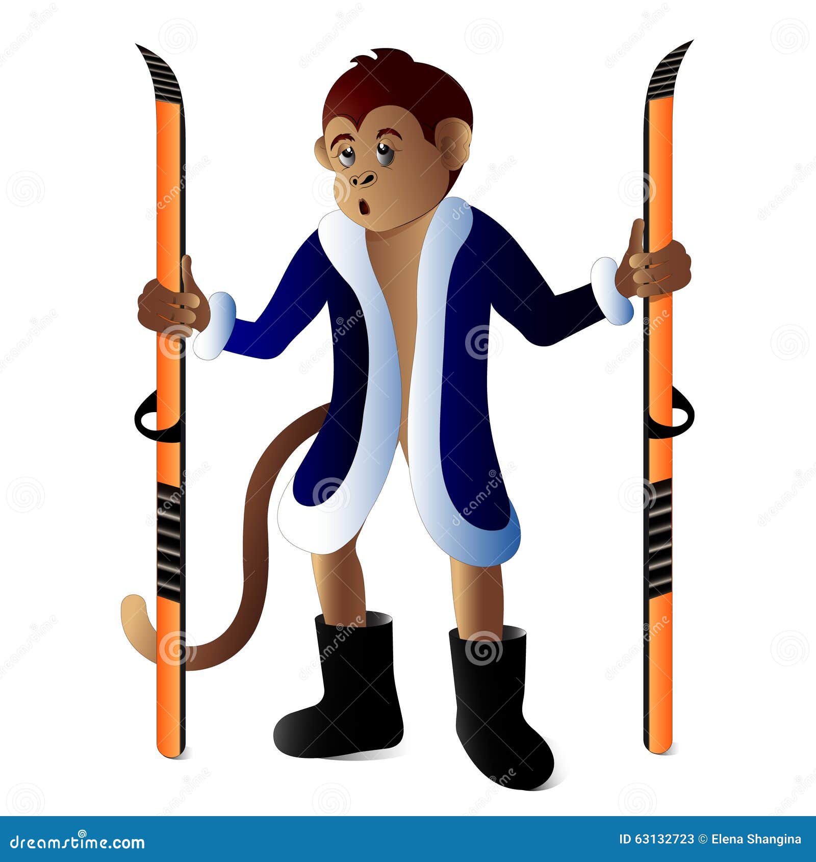 Monkey with Skis in Santa S Fur Coat. Stock Illustration - Illustration ...