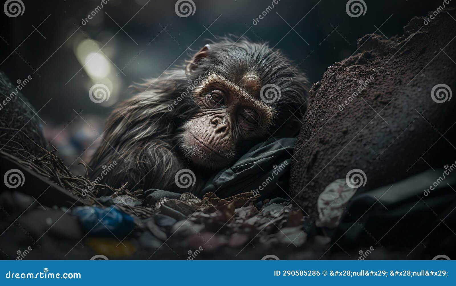 A Monkey Sleeps among the Piles of Plastic Waste and the Rain. Concept ...