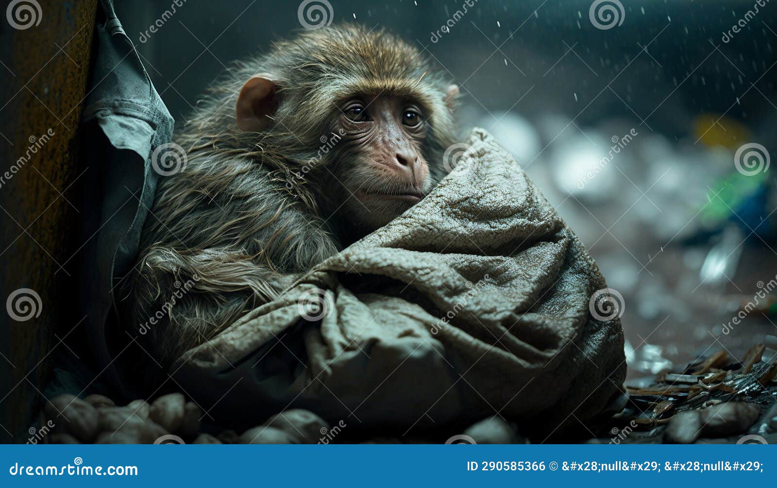 A Monkey Sleeps among the Piles of Plastic Waste and the Rain. Concept ...