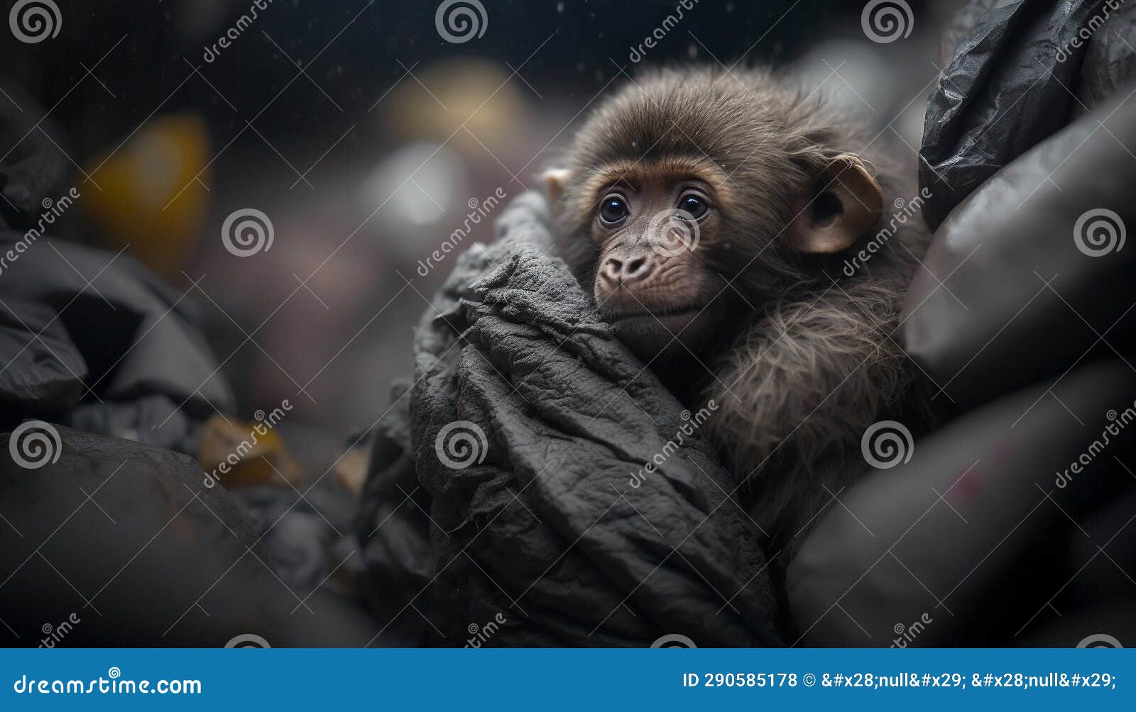 A Monkey Sleeps among the Piles of Plastic Waste and the Rain. Concept ...