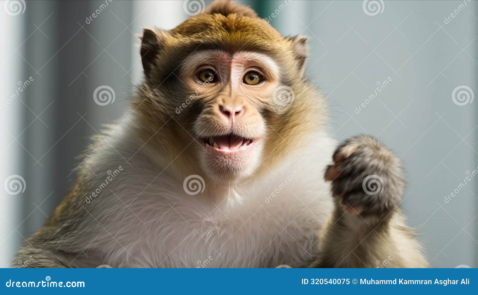 Monkey Smiles and Waves His Paw on a White Background. Stock ...