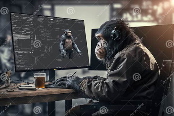 Monkey Software Developer Sitting Behind Computer Stock Illustration ...