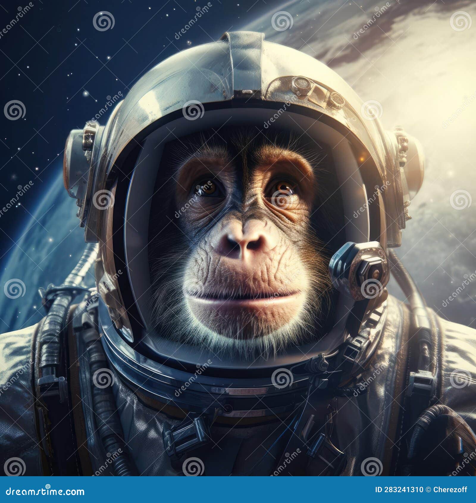 Monkey in Space Suit in Space Stock Photo - Image of desert, head ...