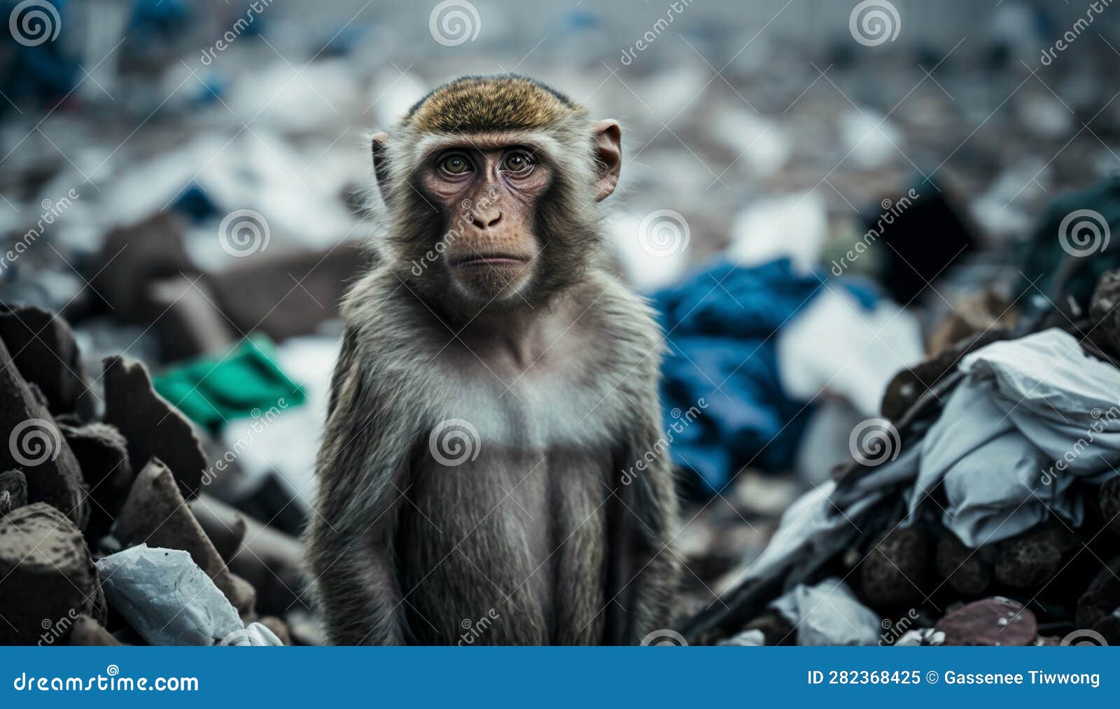 A Monkey Stand among the Piles of Plastic Waste and the Rain. Concept ...