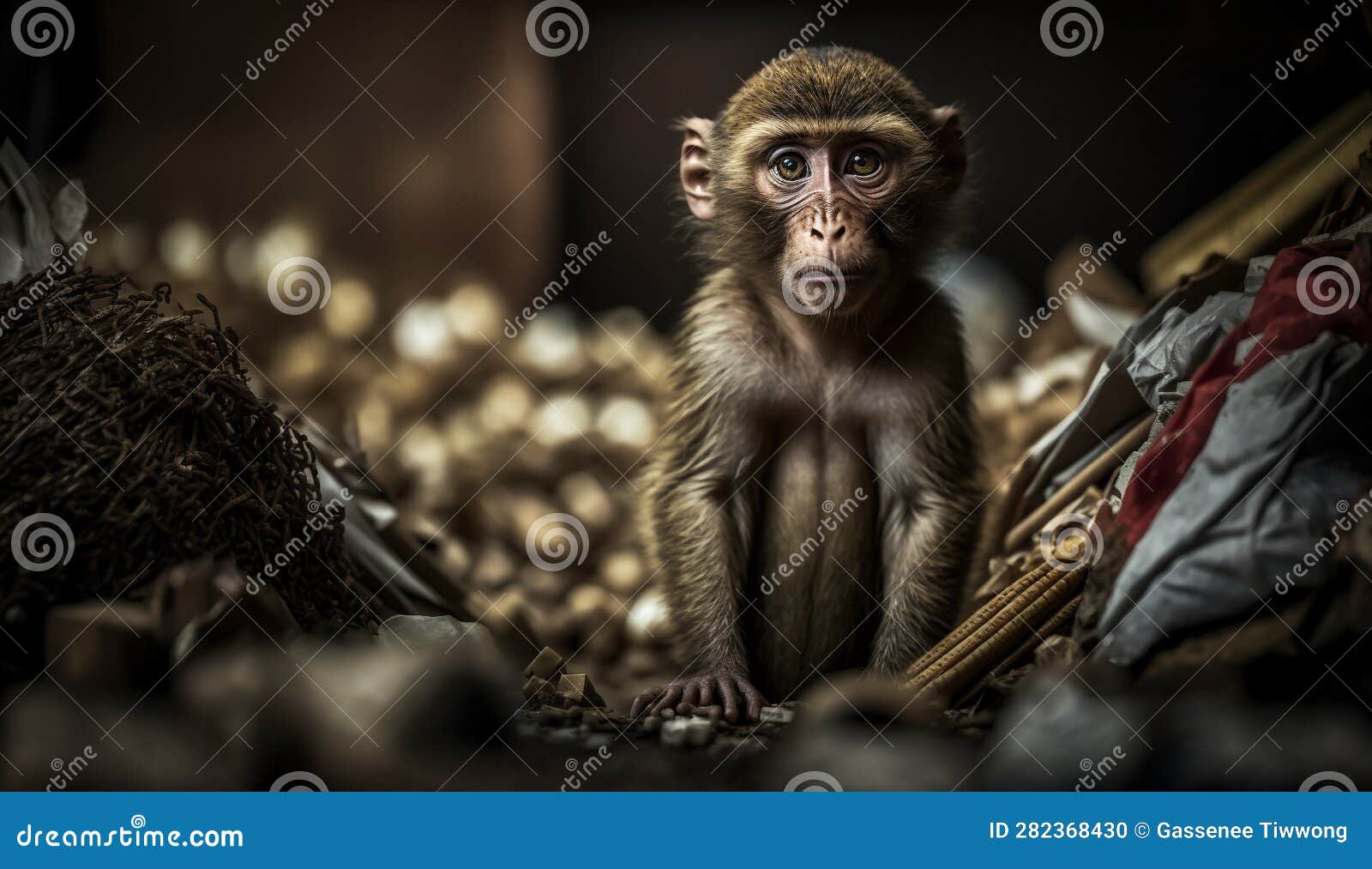 A Monkey Stand among the Piles of Plastic Waste and the Rain. Concept ...