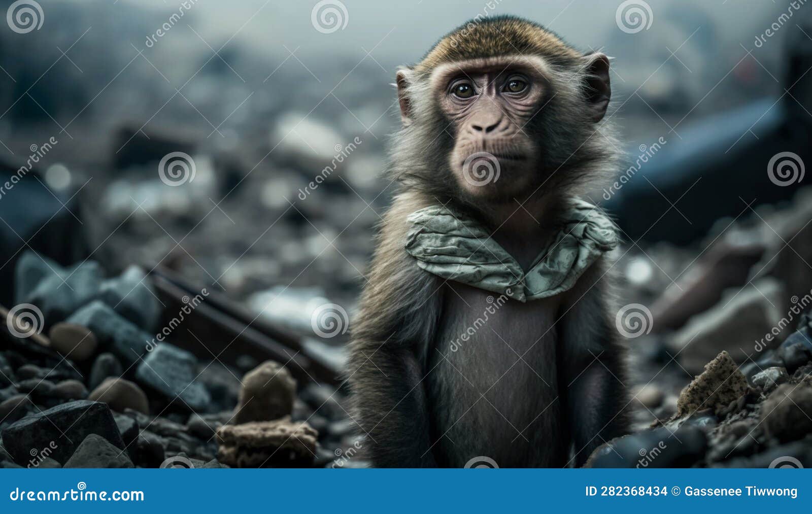A Monkey Stand among the Piles of Plastic Waste and the Rain. Concept ...