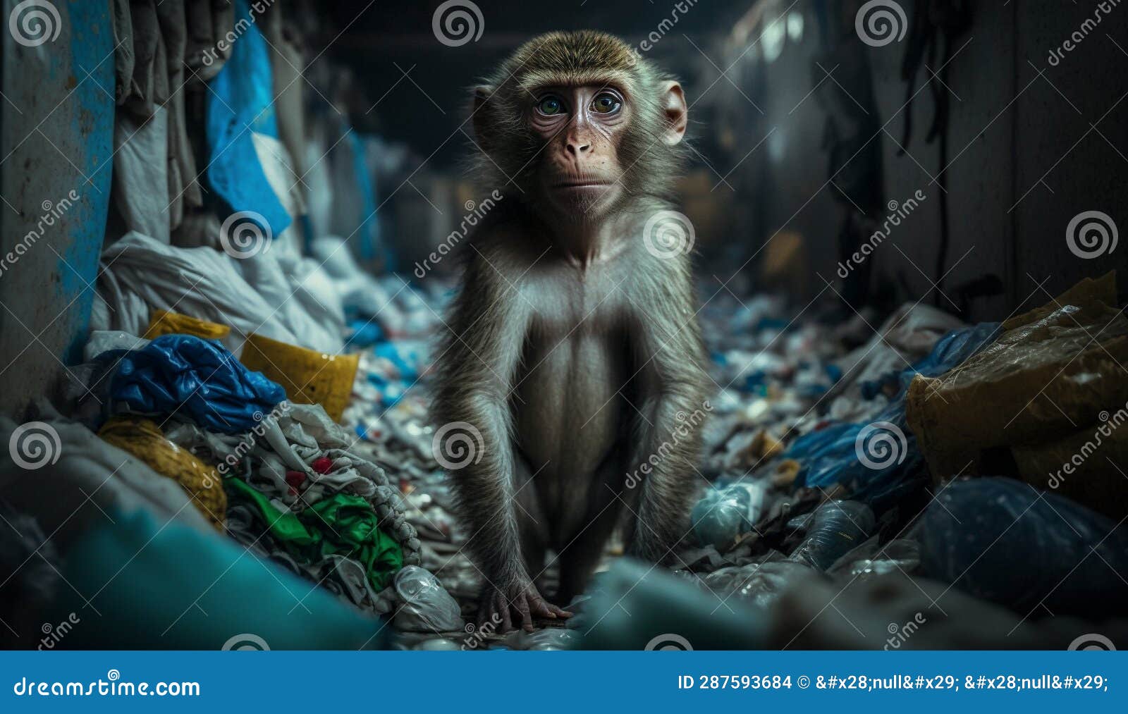 A Monkey Standing among the Piles of Plastic with Looking for Food and ...