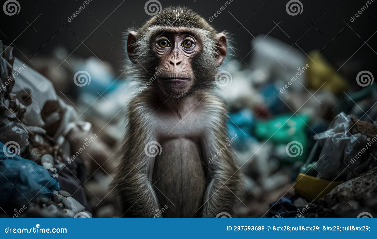 A Monkey Standing among the Piles of Plastic with Looking for Food and ...