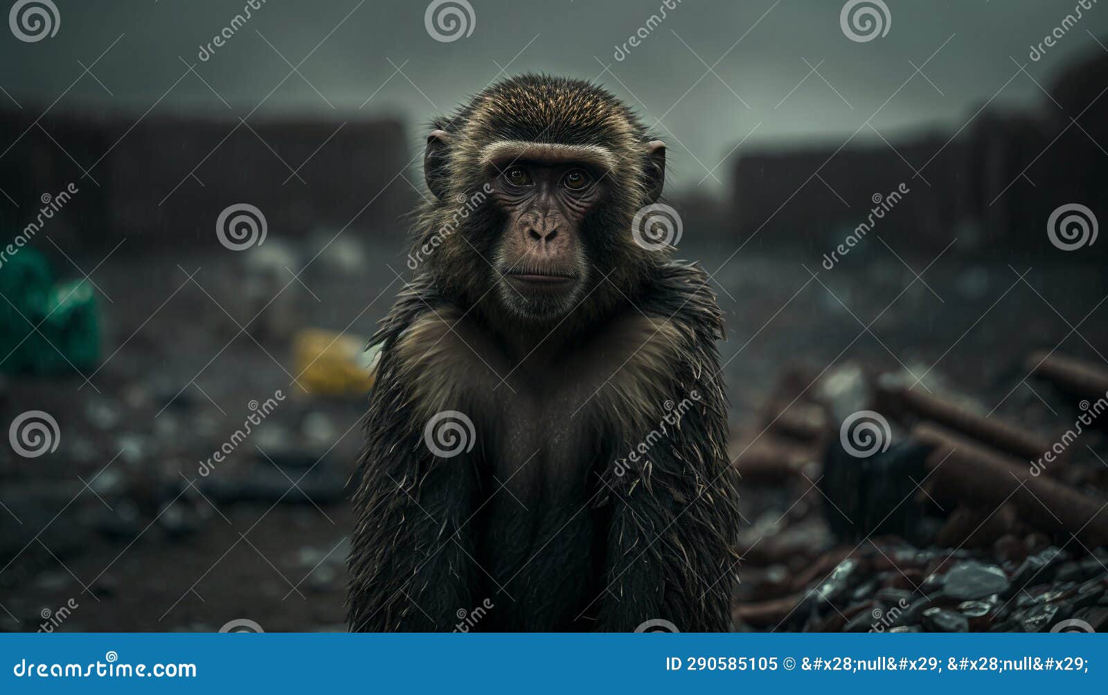 A Monkey Standing among the Piles of Plastic Waste and the Rain,Concept ...
