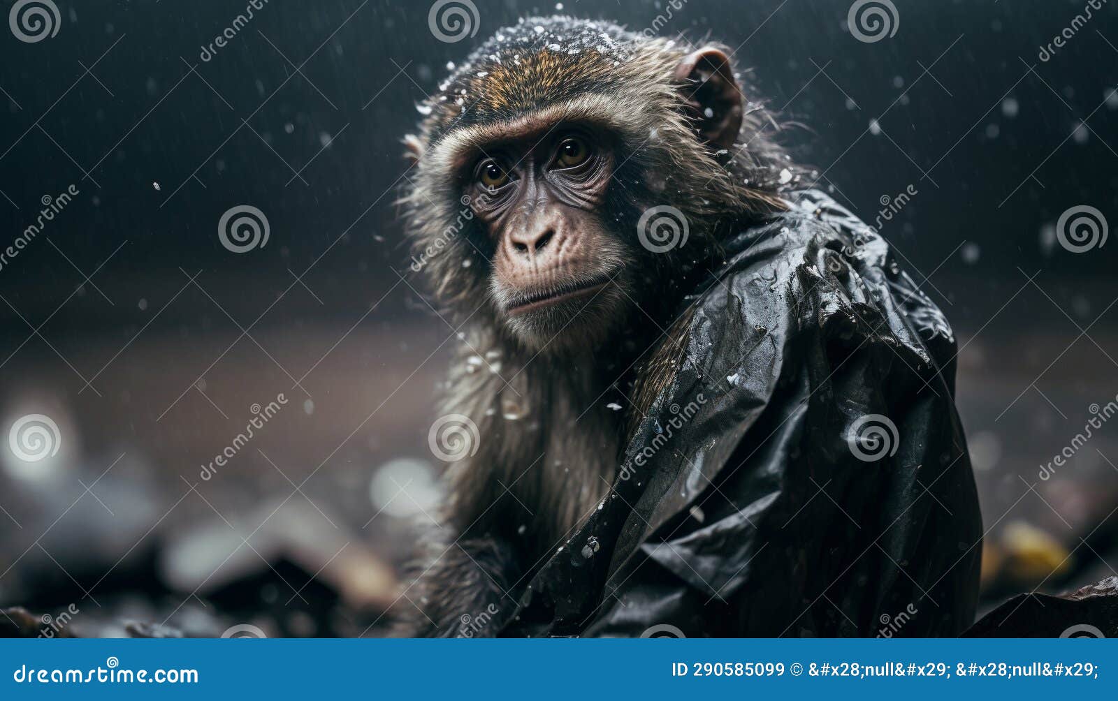A Monkey Standing among the Piles of Plastic Waste and the Rain,Concept ...