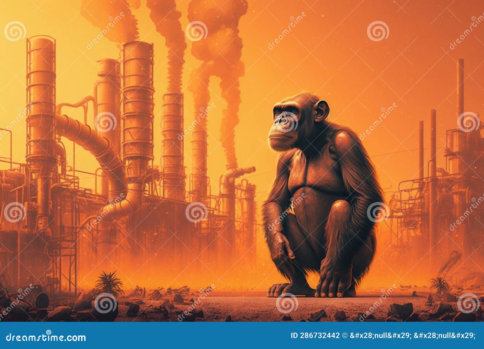 A Monkey Stands in Front of Chemicals Above the Factory. Generative AI ...
