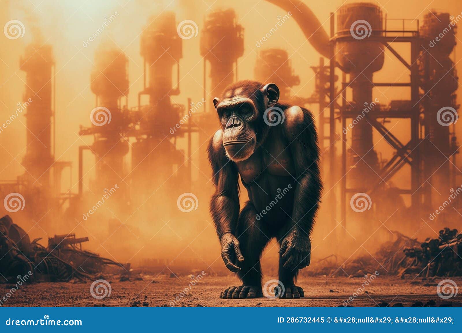 A Monkey Stands in Front of Chemicals Above the Factory. Generative AI ...