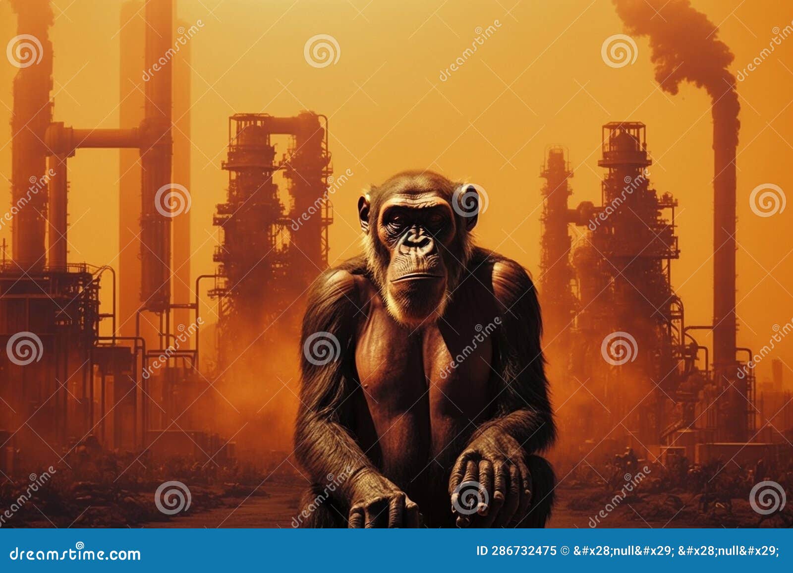 A Monkey Stands in Front of Chemicals Above the Factory. Generative AI ...