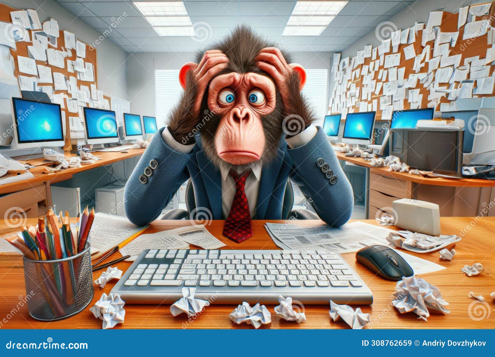 A Monkey in a Suit in the Office at the Computer Does Not Know What To ...