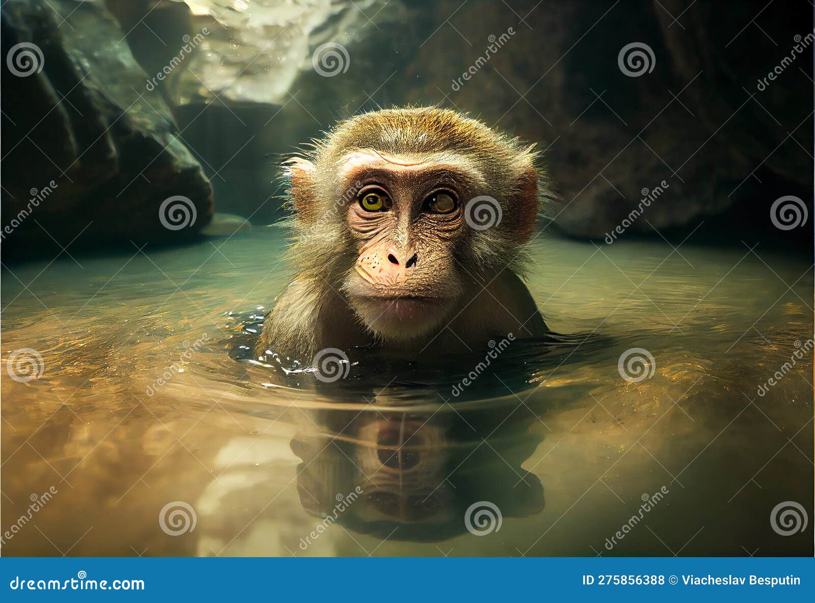 Monkey Swims in a Hot Spring in Asia. Stock Illustration - Illustration ...