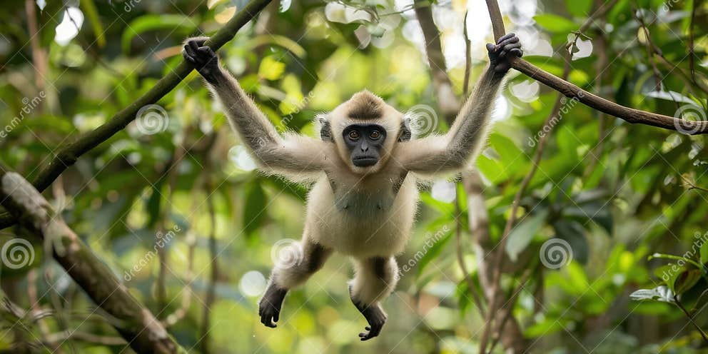 A Monkey Swinging from Tree Branches in a Dense Forest Stock Photo ...