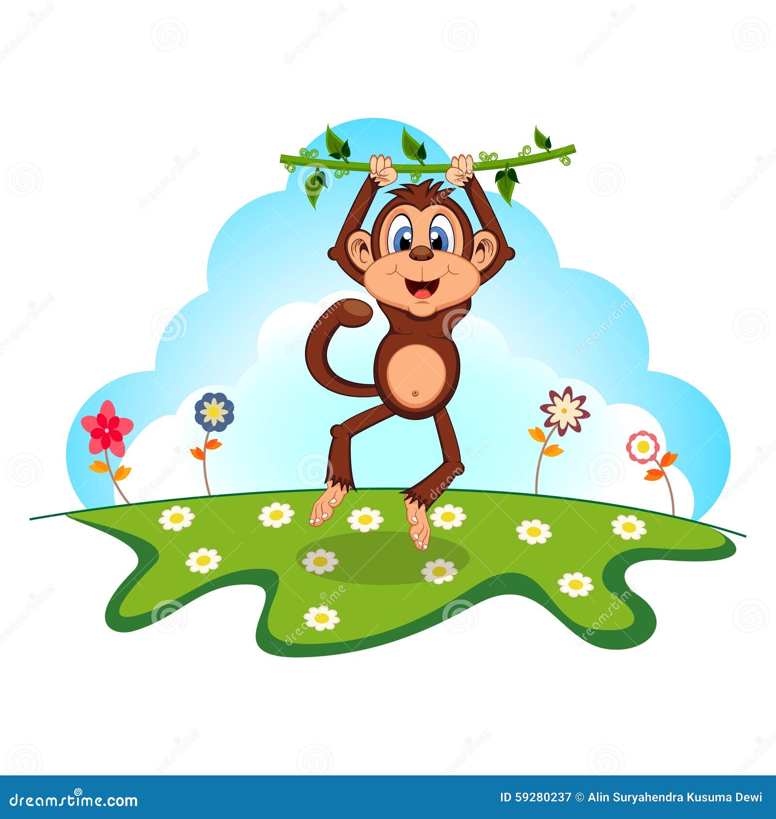 Monkey Swinging on Vines Cartoon in a Garden Stock Vector ...
