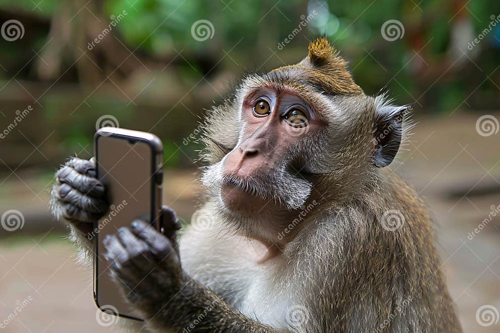 Monkey Taking Selfie with Black Smartphone in Forest Stock Illustration ...