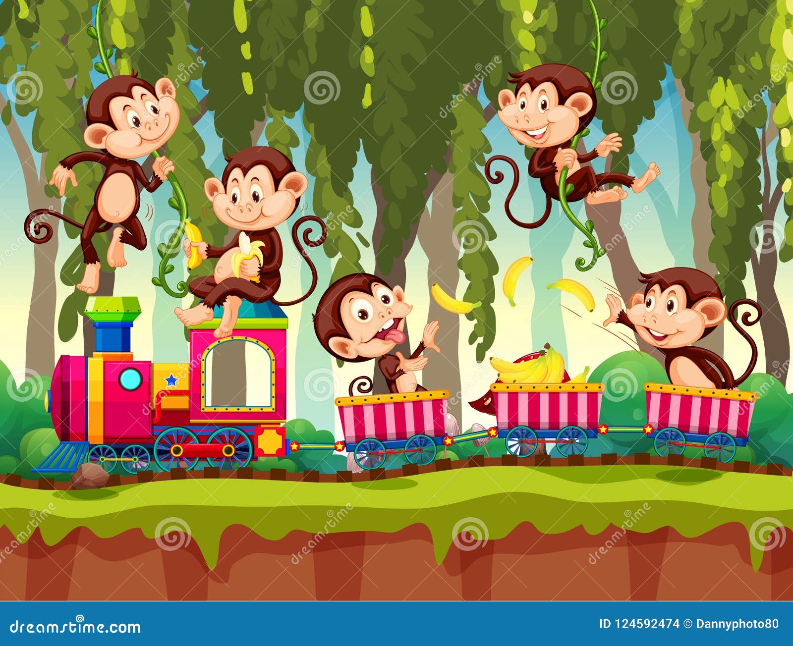 Monkey on Train in the Jungle Stock Illustration - Illustration of ...