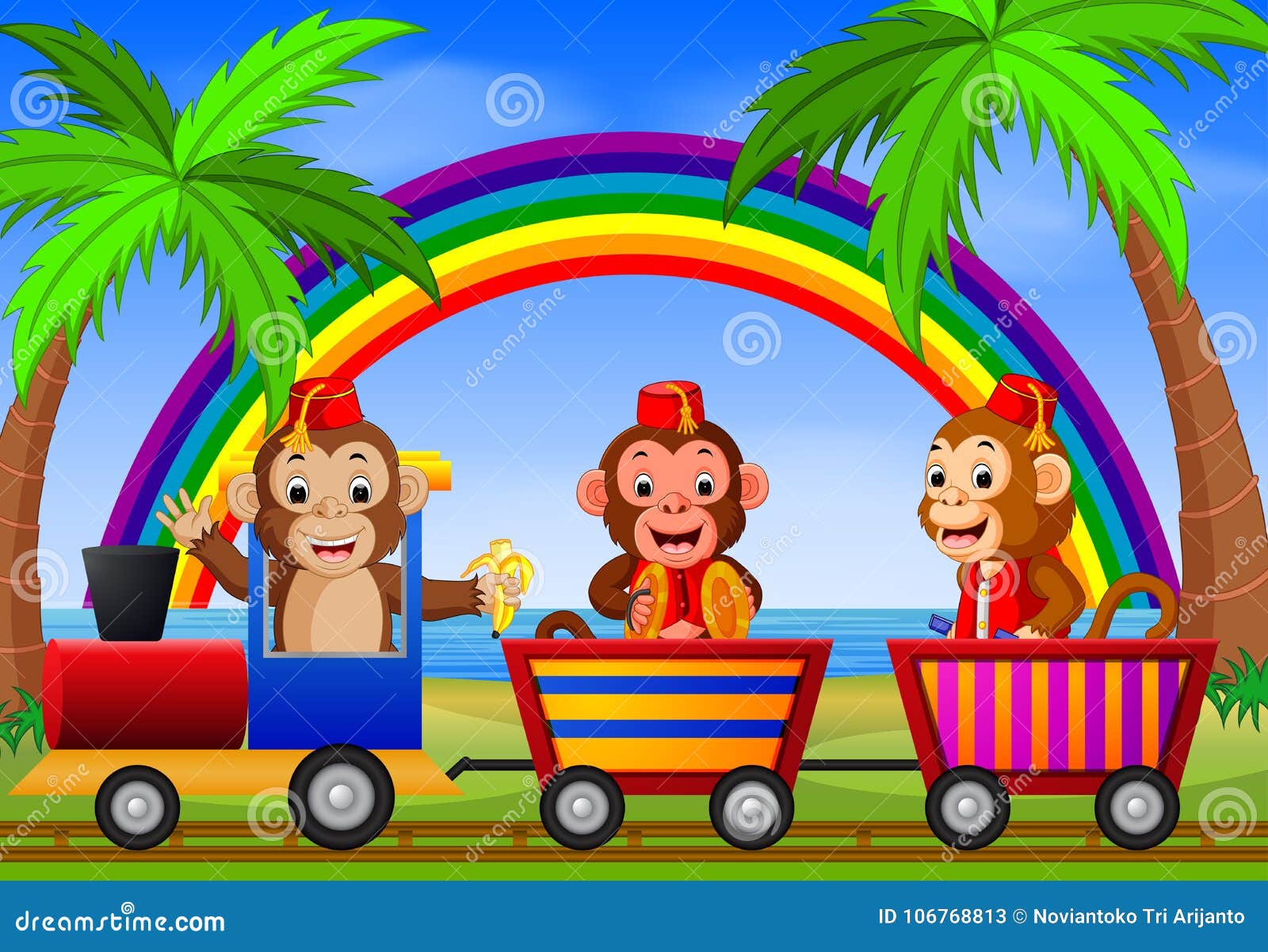Monkey on the Train with Rainbow Illustration Stock Vector ...