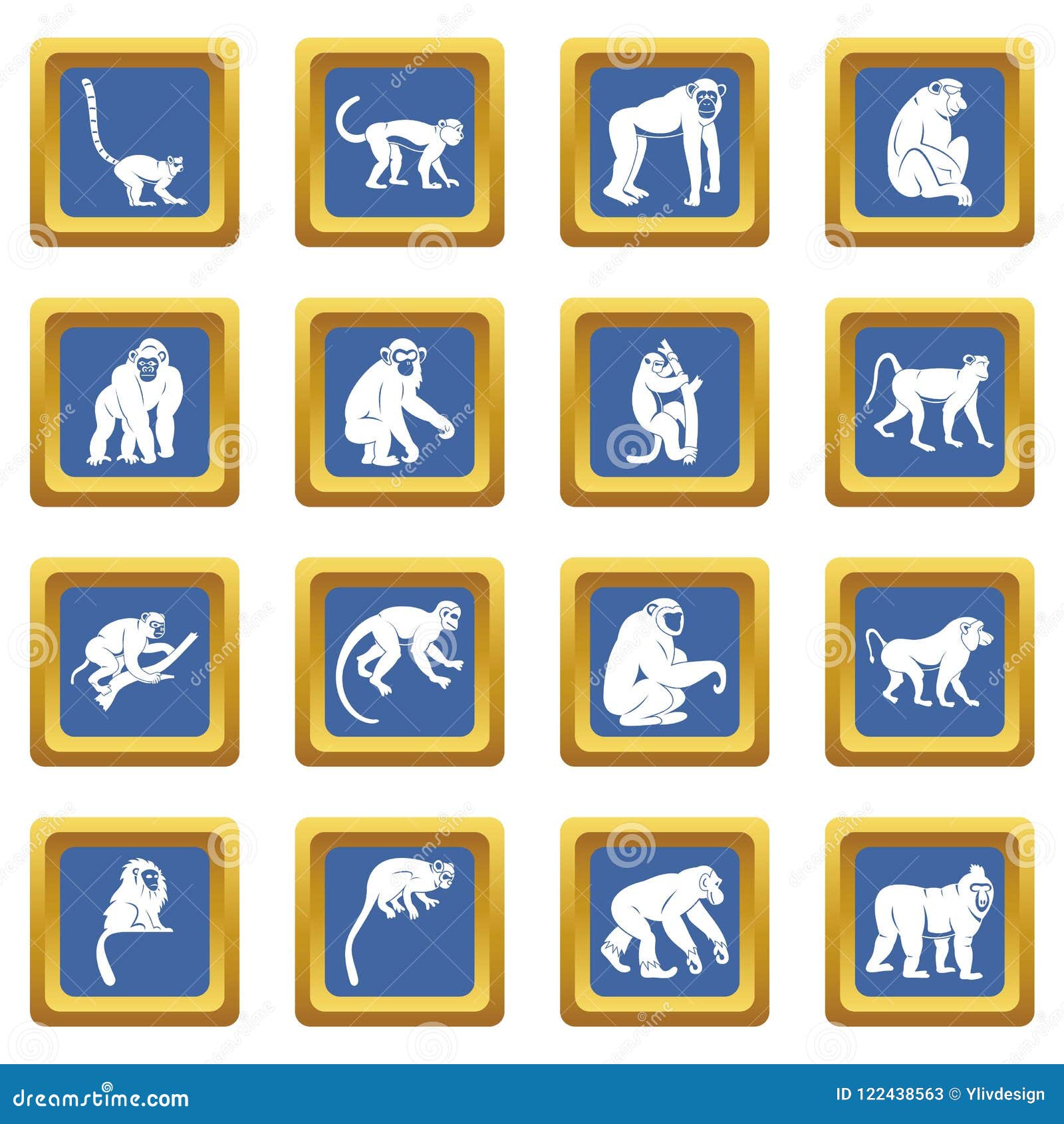 Monkey Types Icons Set Blue Stock Vector - Illustration of running ...