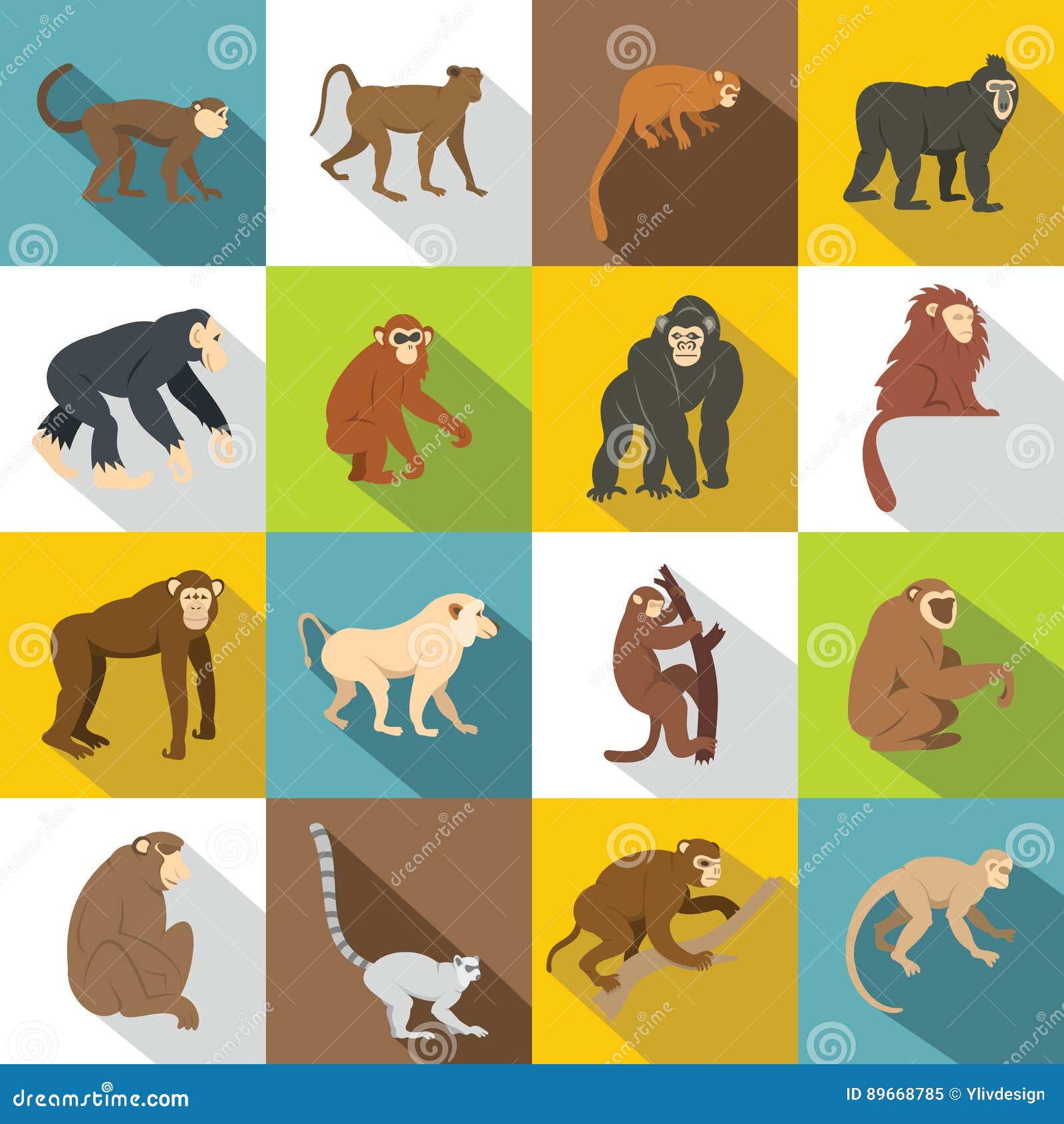 Monkey Types Icons Set, Flat Style Stock Vector - Illustration of flat ...