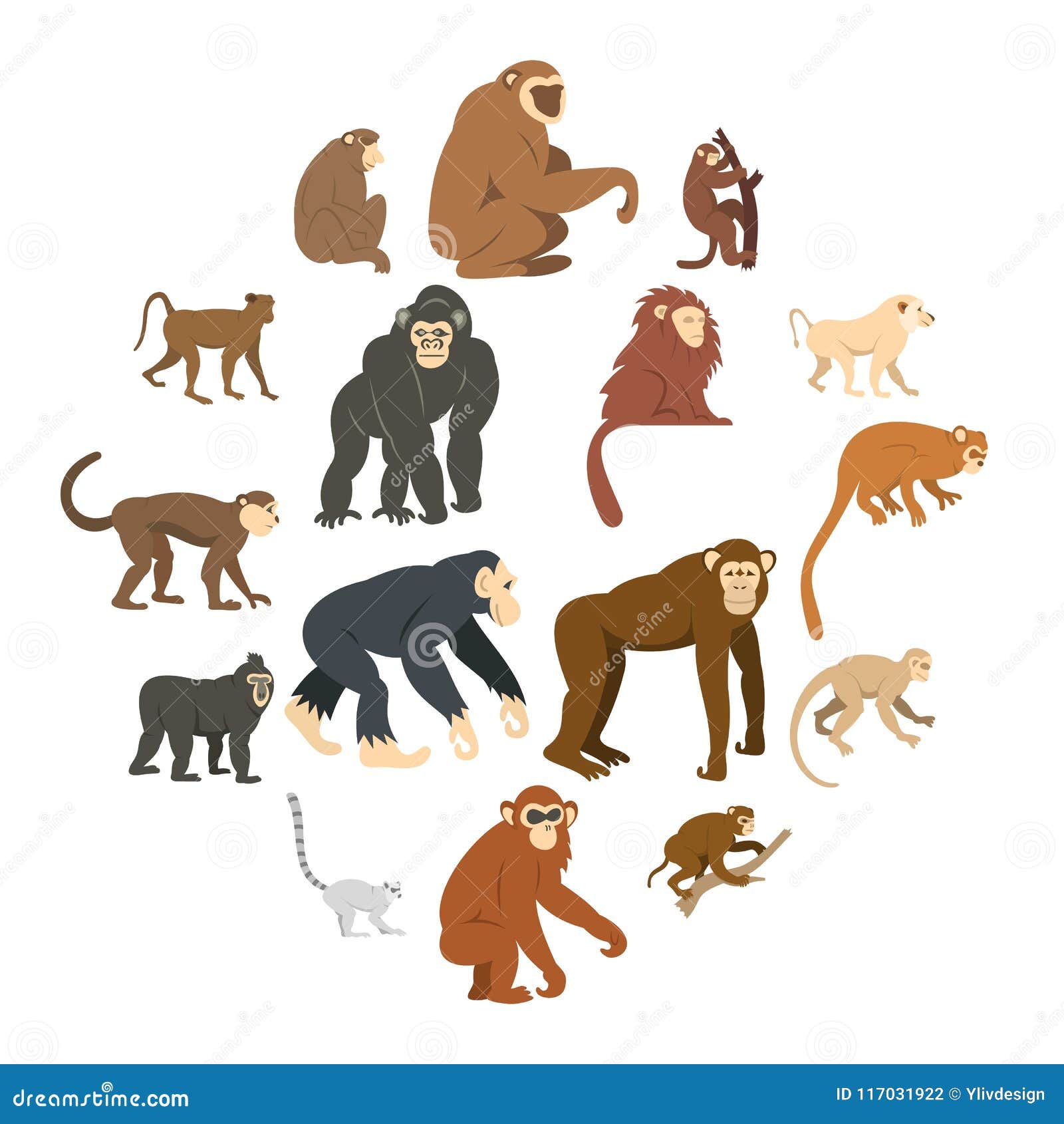 Monkey Types Icons Set in Flat Style Stock Vector - Illustration of ...