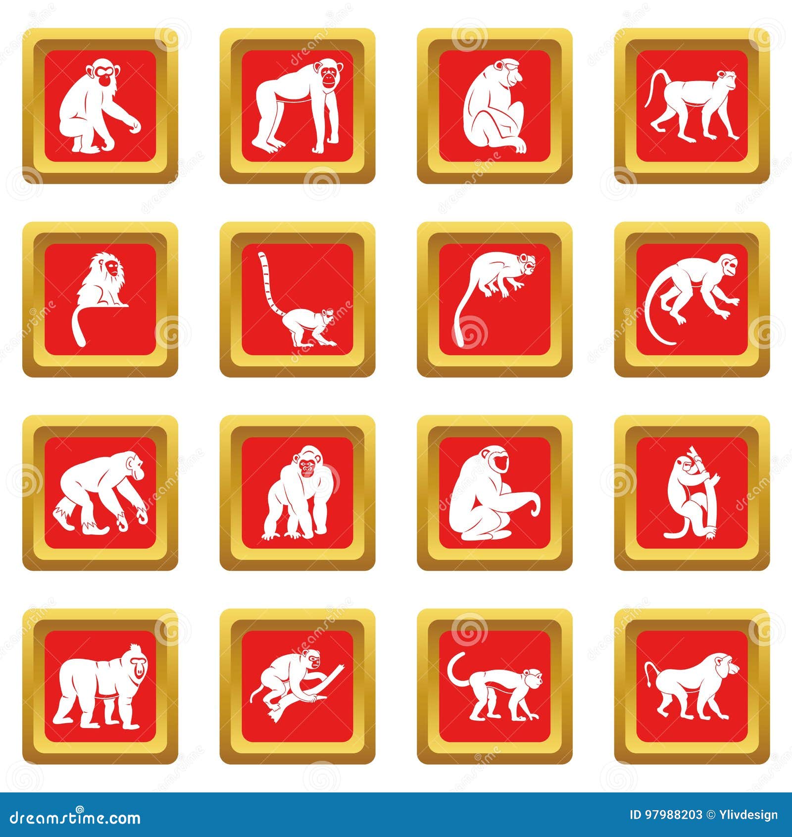 Monkey types icons set red stock vector. Illustration of isolated ...