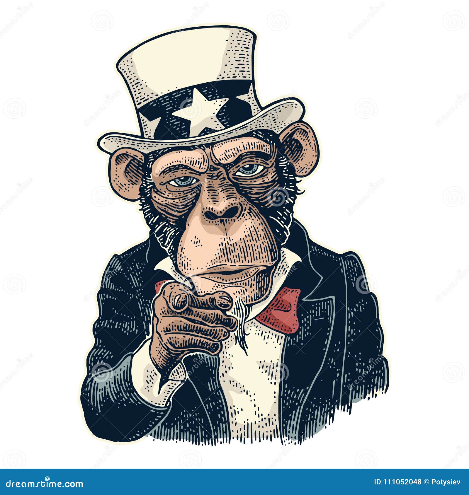 Monkey Uncle Sam with Pointing Finger at Viewer. Vintage Engraving ...