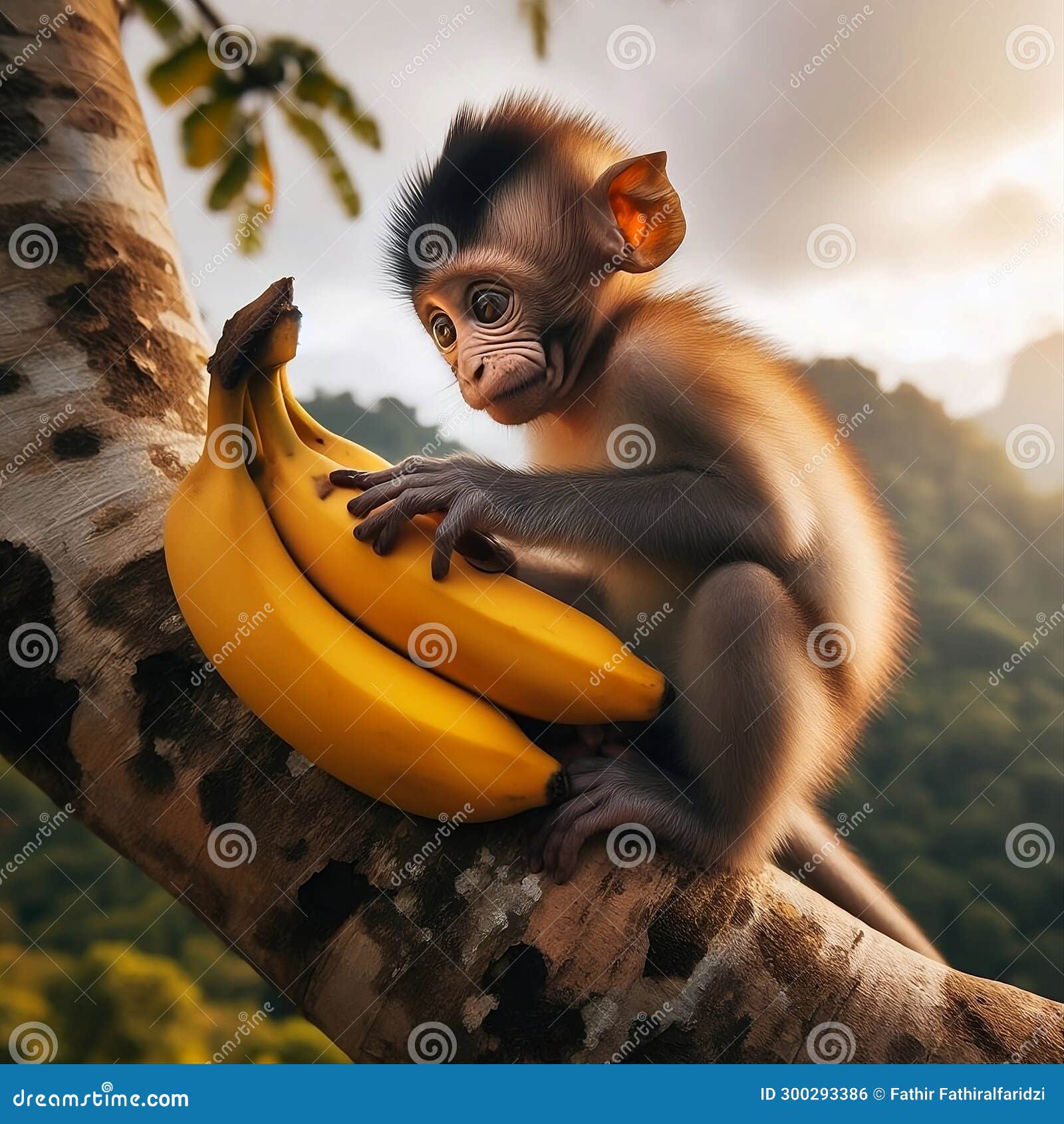 A Monkey Was Seen Sitting on a Tree Holding a Banana Stock Photo ...