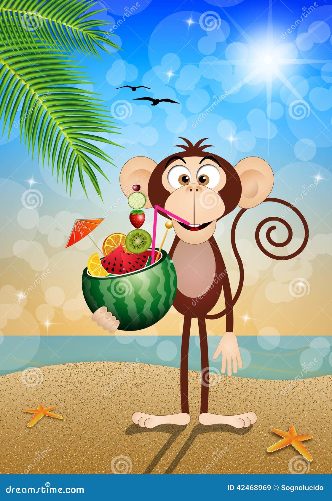 Monkey with Watermelon on the Beach Stock Illustration - Illustration ...