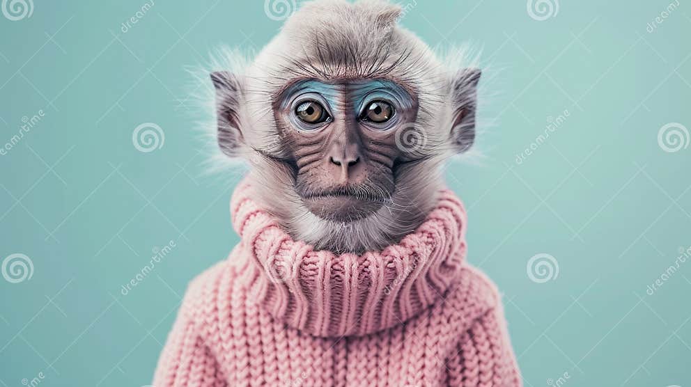 Monkey Wearing Pink Sweater on Blue Background Stock Photo - Image of ...