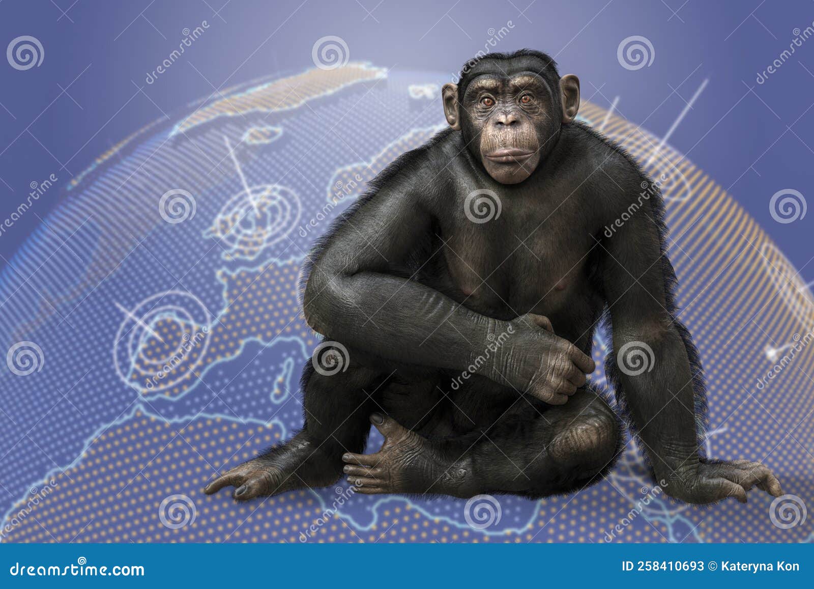 Monkey on a Background with Earth Map, Conceptual 3D Illustration Stock ...