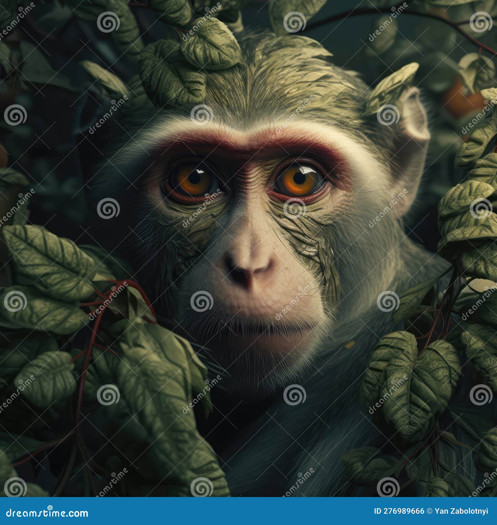 Monkeys Head Wrapped in Green Leaves on a Background of Leaves ...